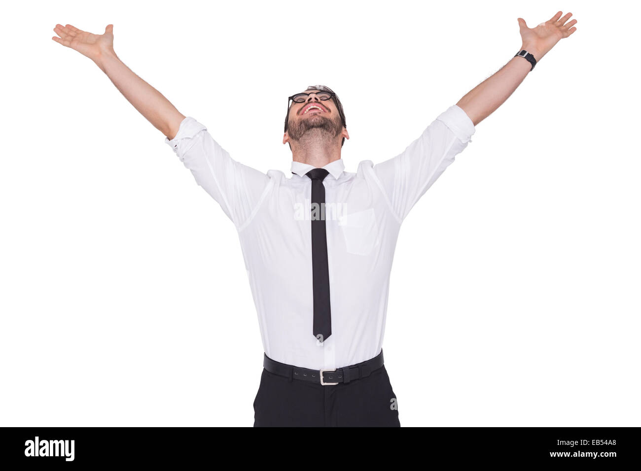 Cheering businessman with his arms raised up Stock Photo - Alamy