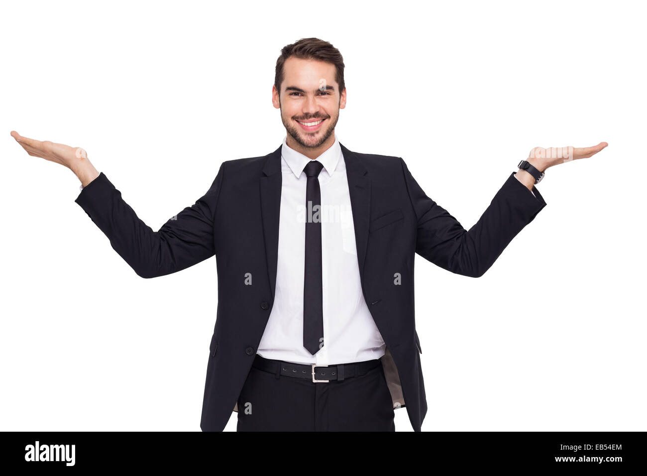 Businessman with open hands looking at the camera Stock Photo - Alamy
