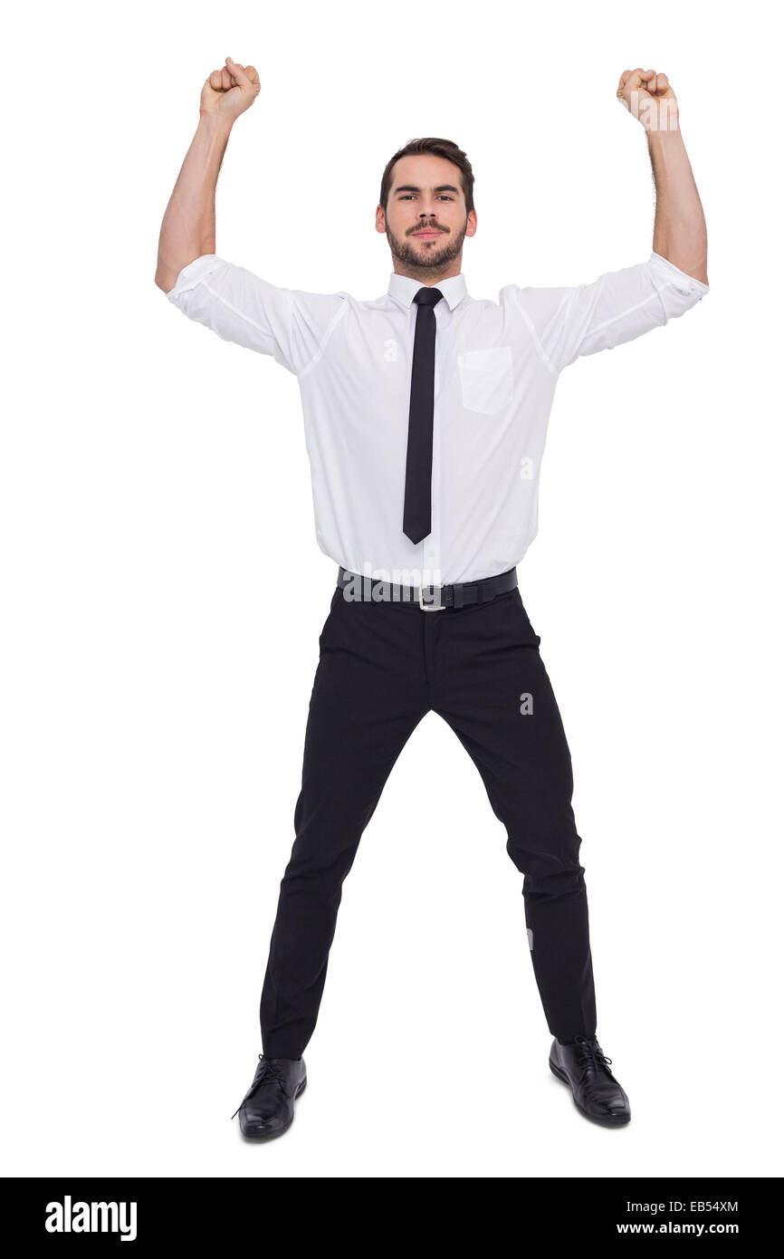 Smiling businessman lifting up something heavy Stock Photo - Alamy