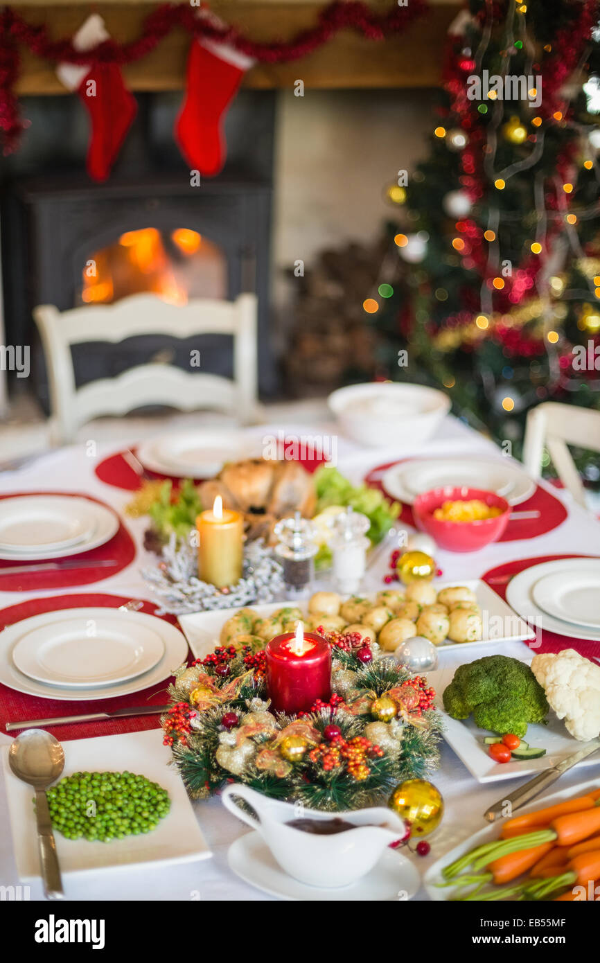Christmas dinner table with food Stock Photo - Alamy