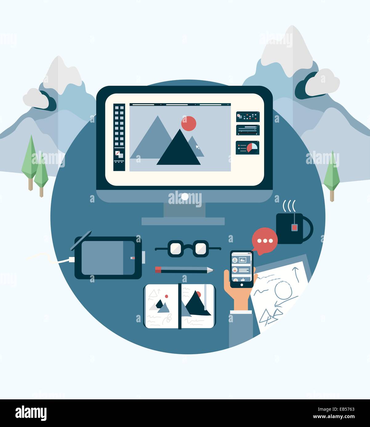 Designers desk on background of snowy mountains Stock Vector Image ...