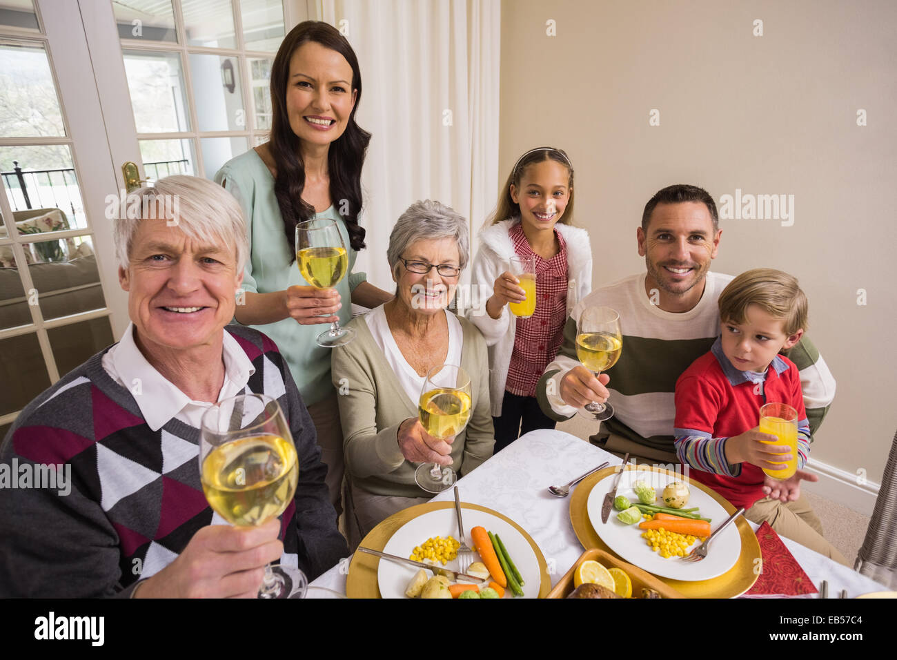 Smiling family toasting to camera during christmas dinner Stock Photo ...