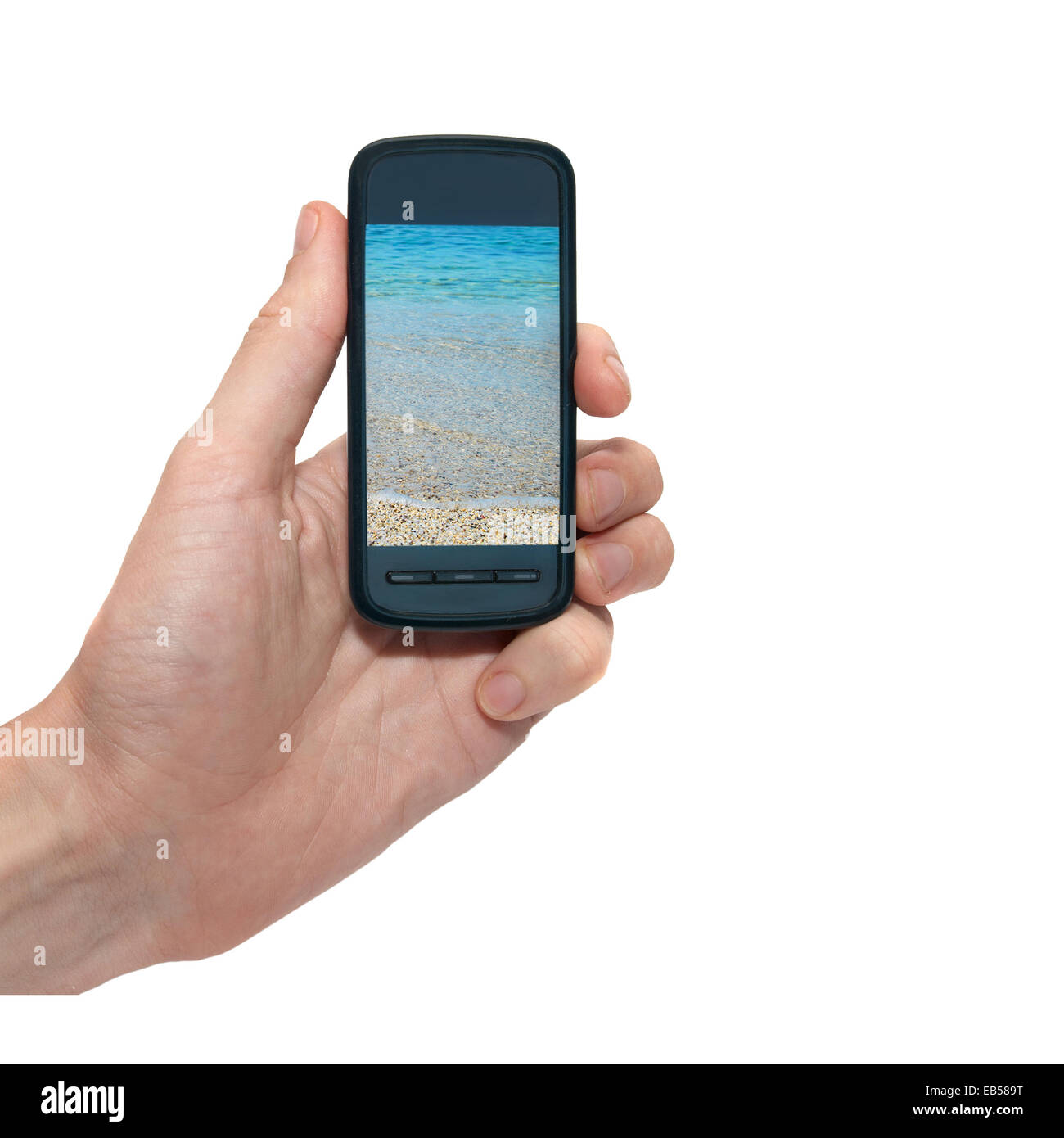 Mobile phone in the hand with blue sea isolated on white Stock Photo ...
