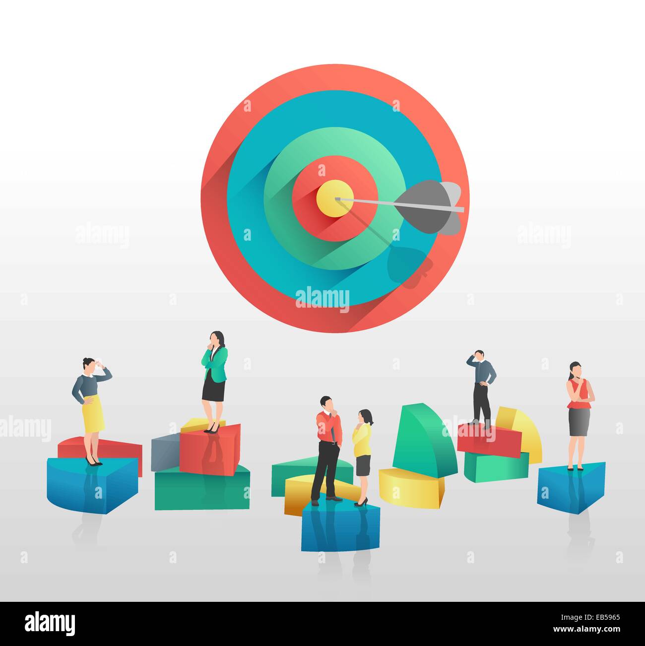 Business people and colourful pie chart segments and target Stock ...