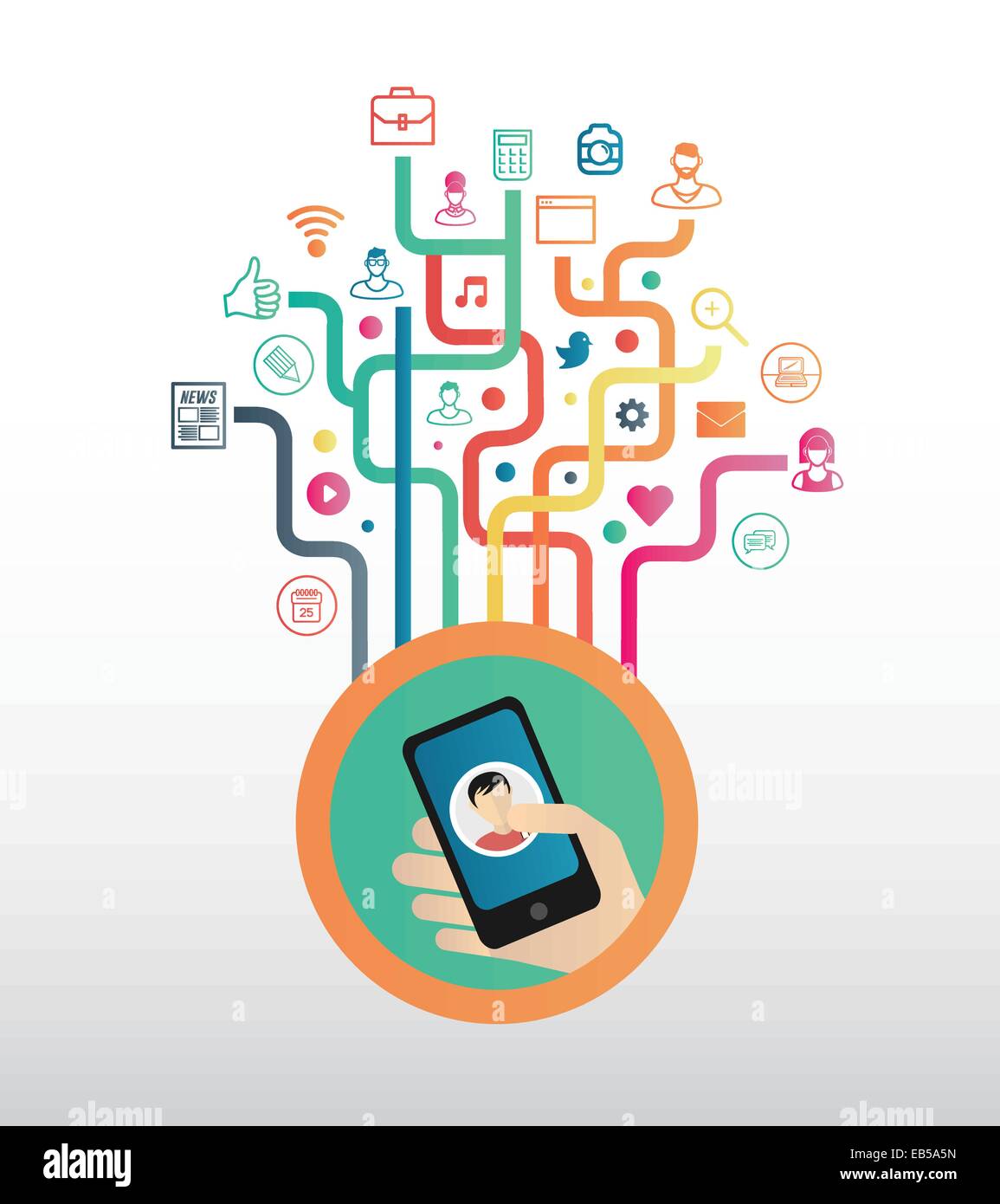 Hand holding smartphone against colourful app icons with lines Stock ...