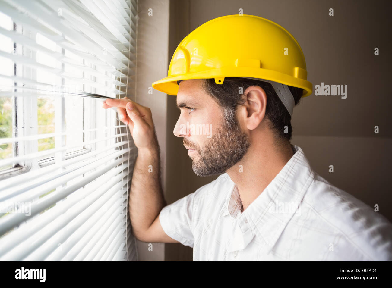 Handyman looking out the window Stock Photo - Alamy
