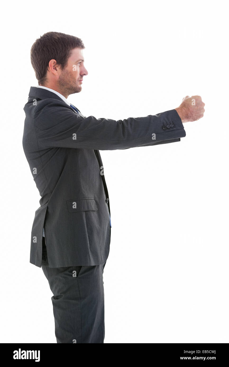 Businessman with his hand up Stock Photo - Alamy