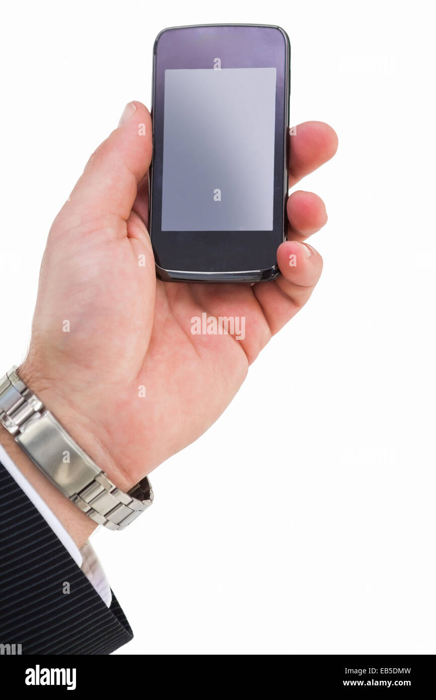 Hand with wrist watch holding mobile phone Stock Photo - Alamy