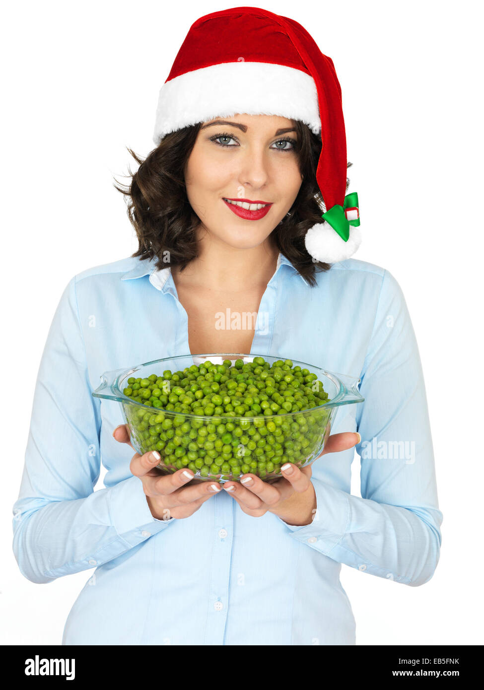 Attractive Young Woman in Christmas Santa Hat Holding a Bowl of Peas ...