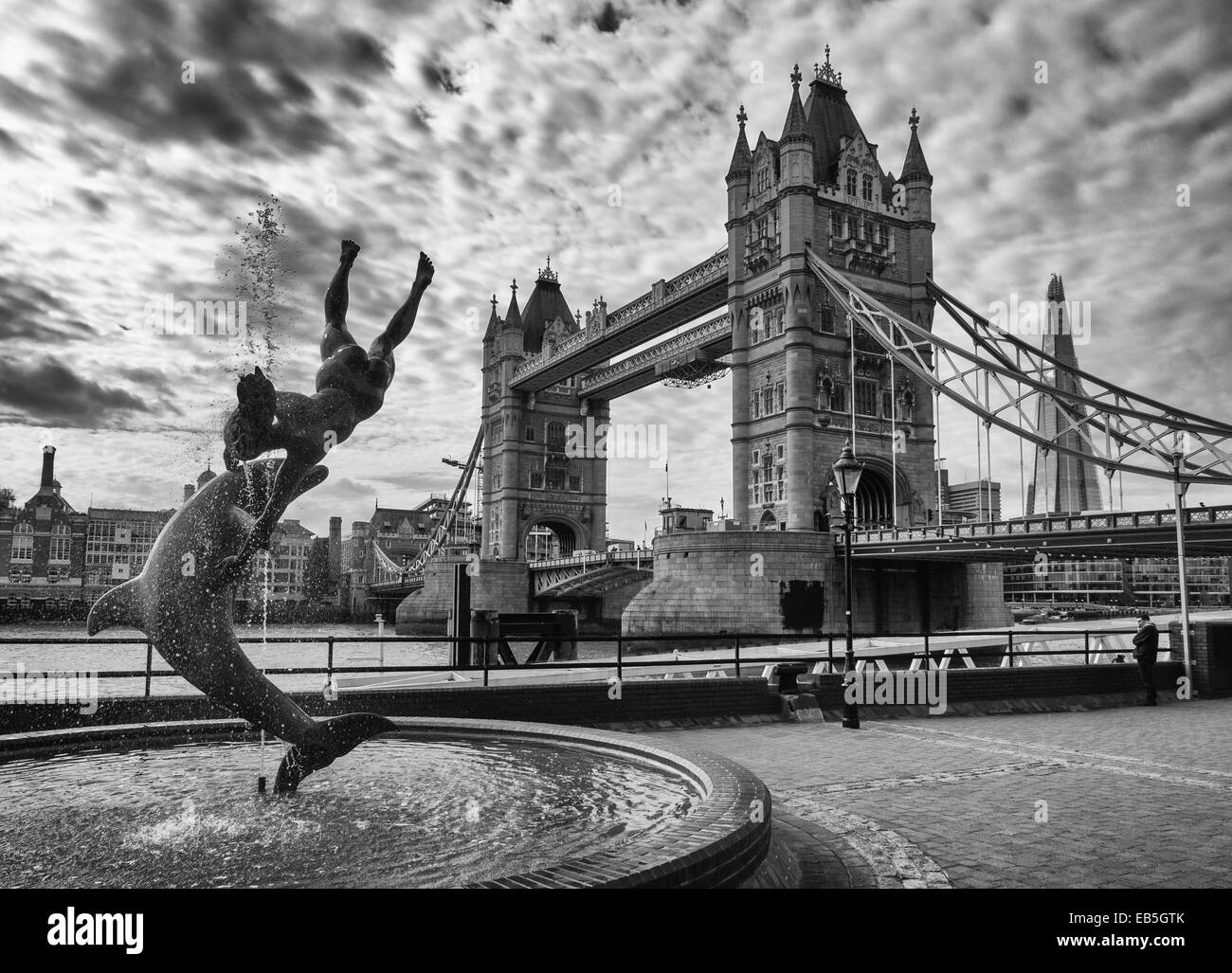 Tower Bridge, The Shard and David Wynnes 1973 Statue of "Girl with a ...