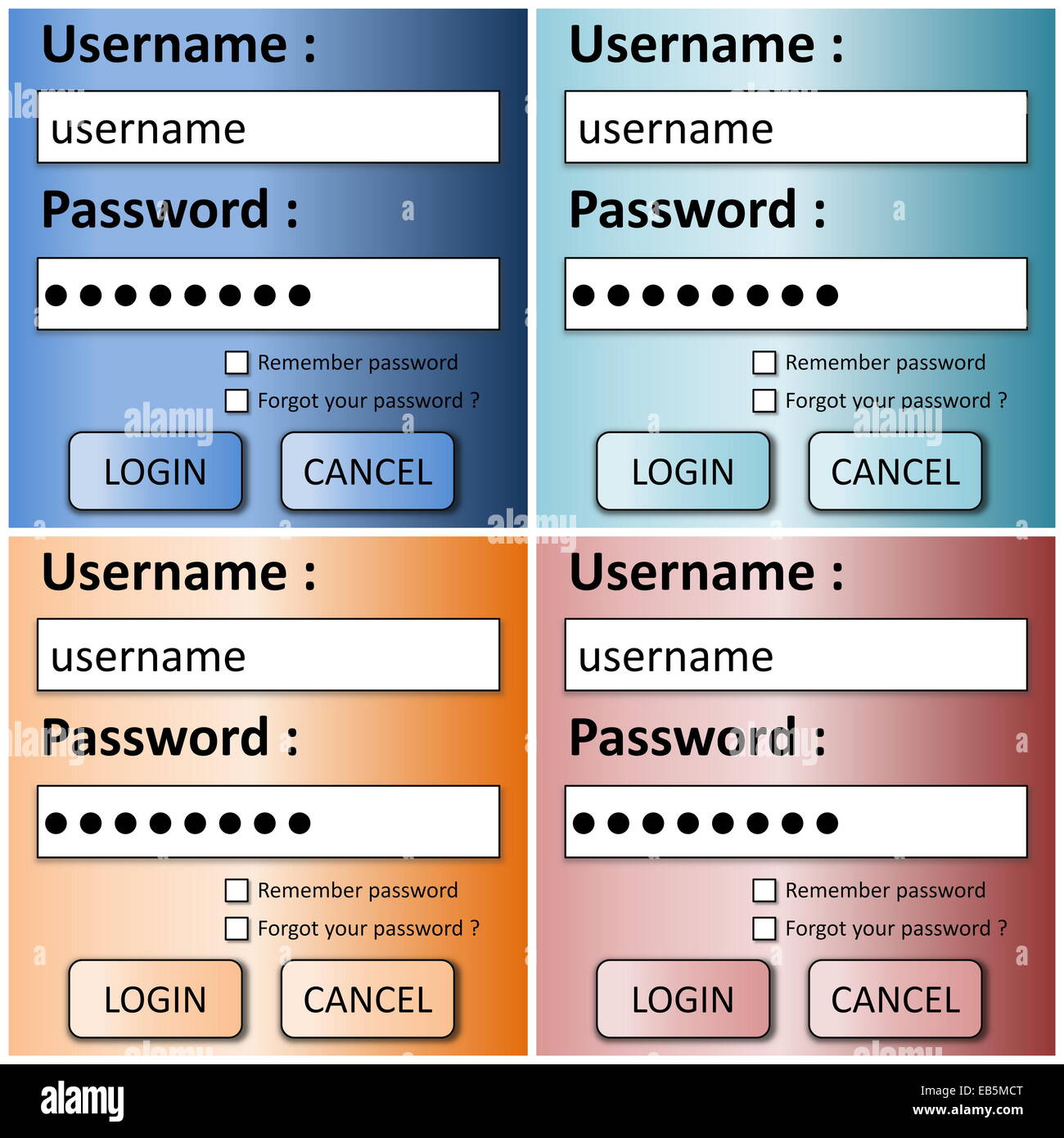 Set of four colorful user login form with password and buttons Stock ...