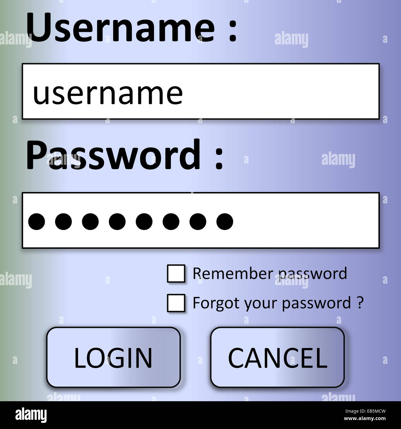 User login form with password and buttons Stock Photo - Alamy