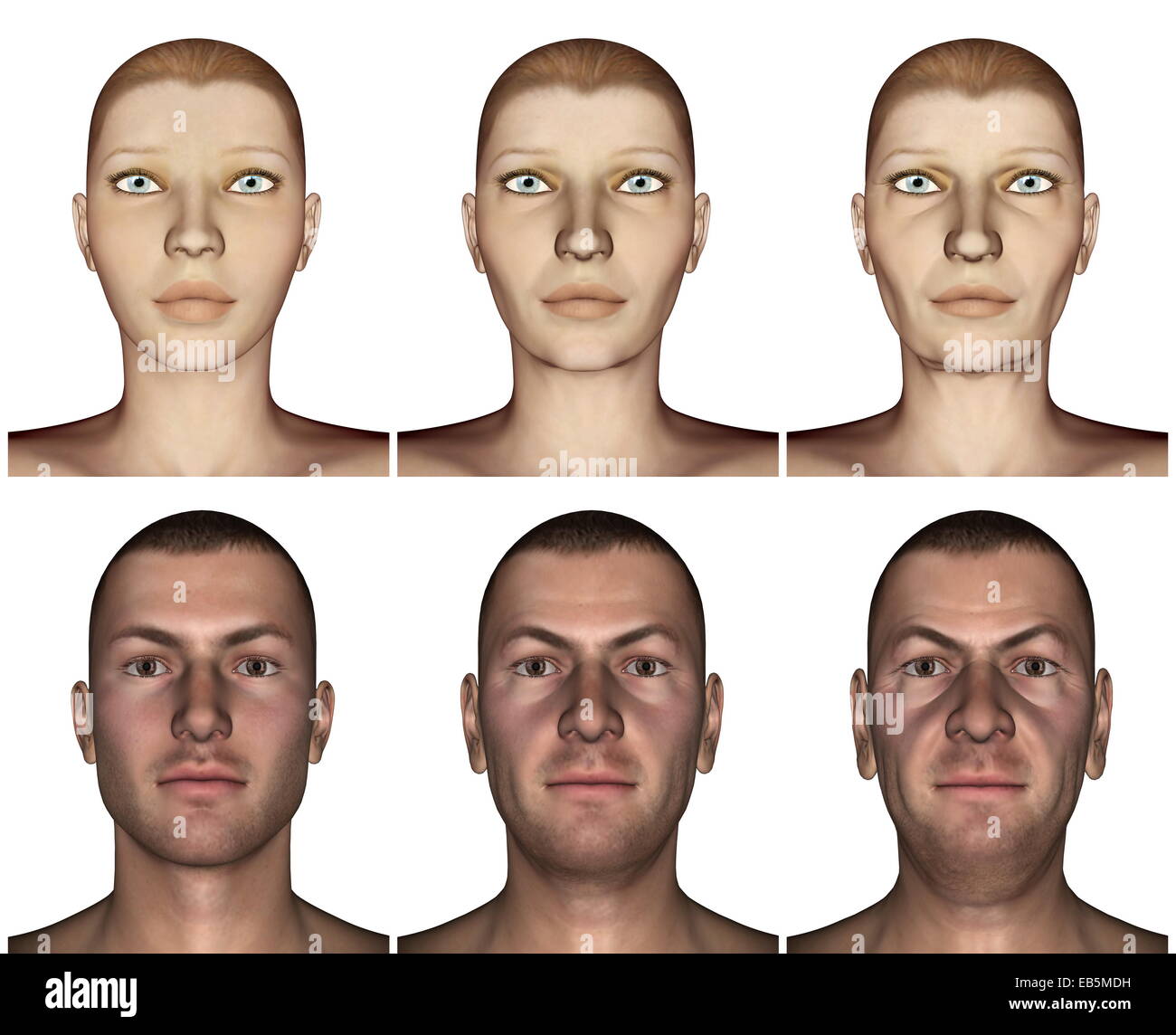 Portrait of male and female showing aging process in white background ...