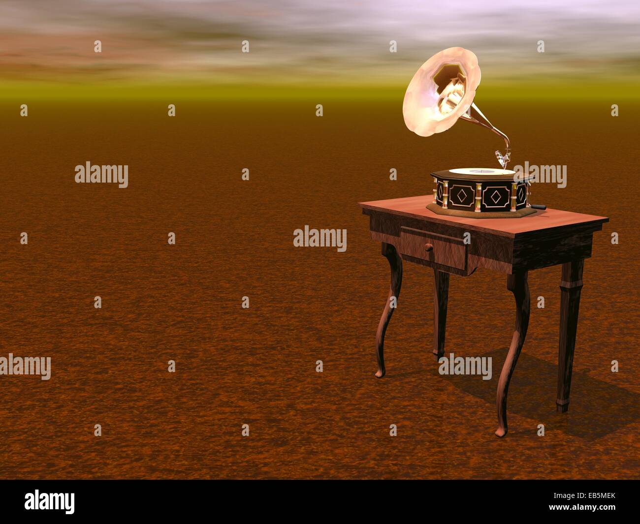 One gramophone on a ancient wooden table in brown background Stock ...