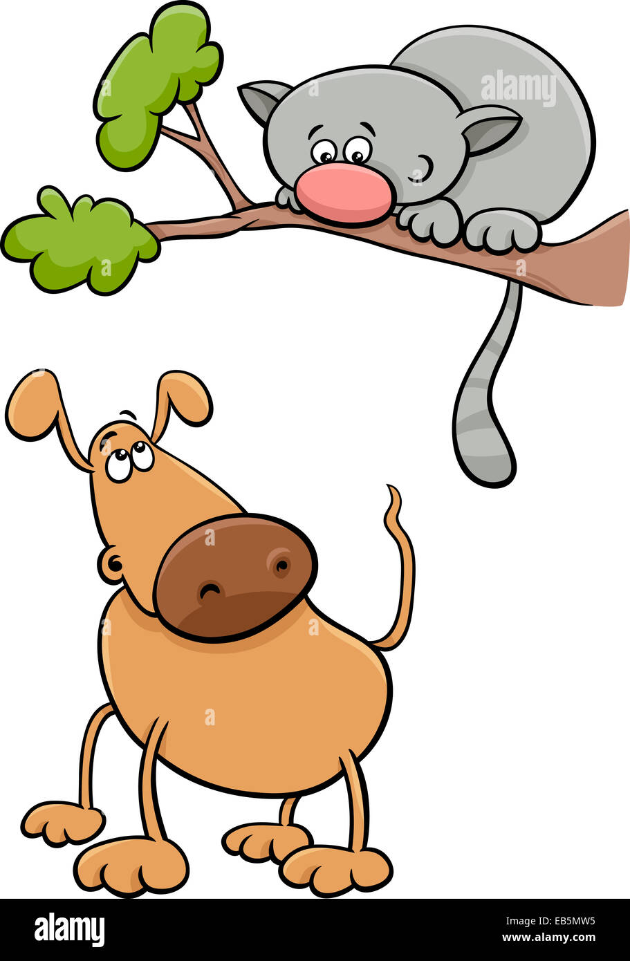 Cartoon Illustration of Funny Dog Character and Cat on a Tree Branch ...