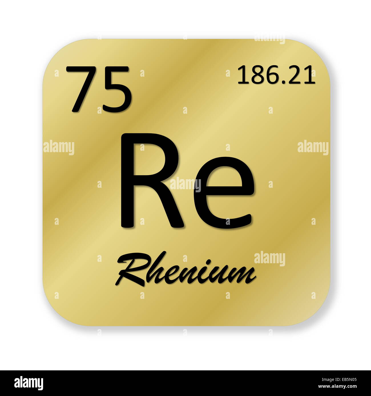 Black rhenium element into golden square shape isolated in white ...