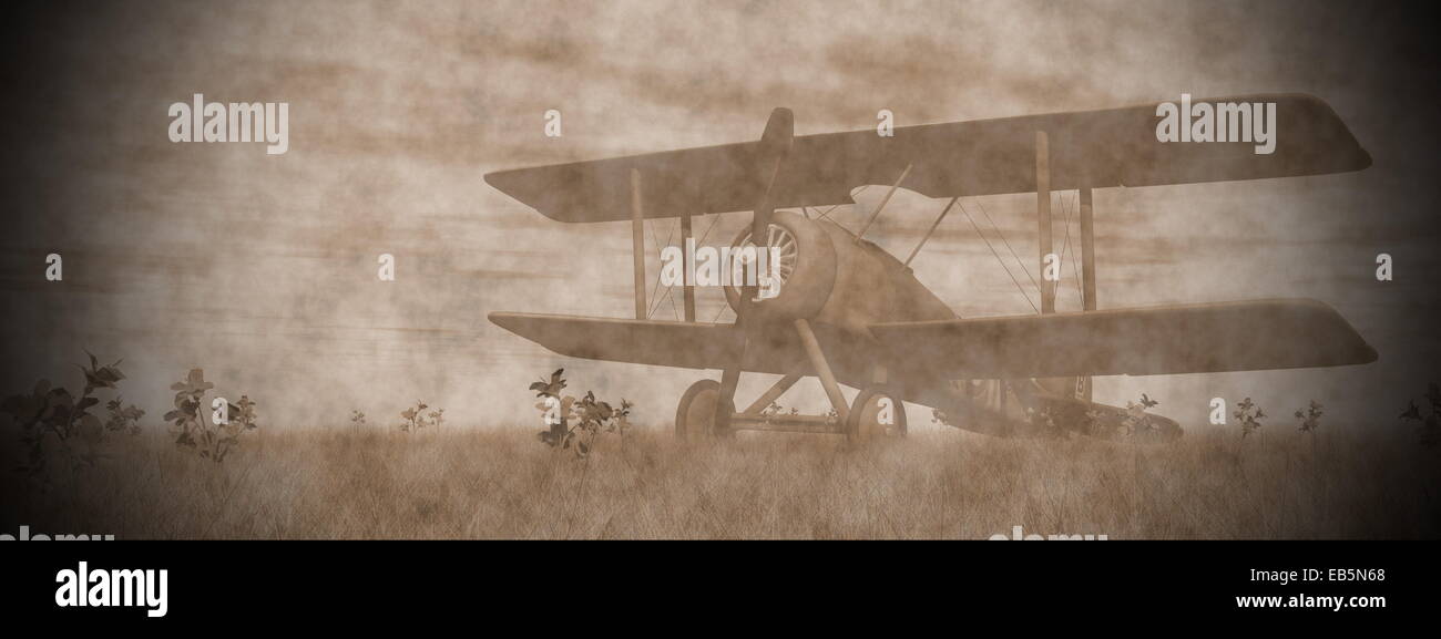 Vintage biplane standing on the green grass with flowers by pink sunset ...