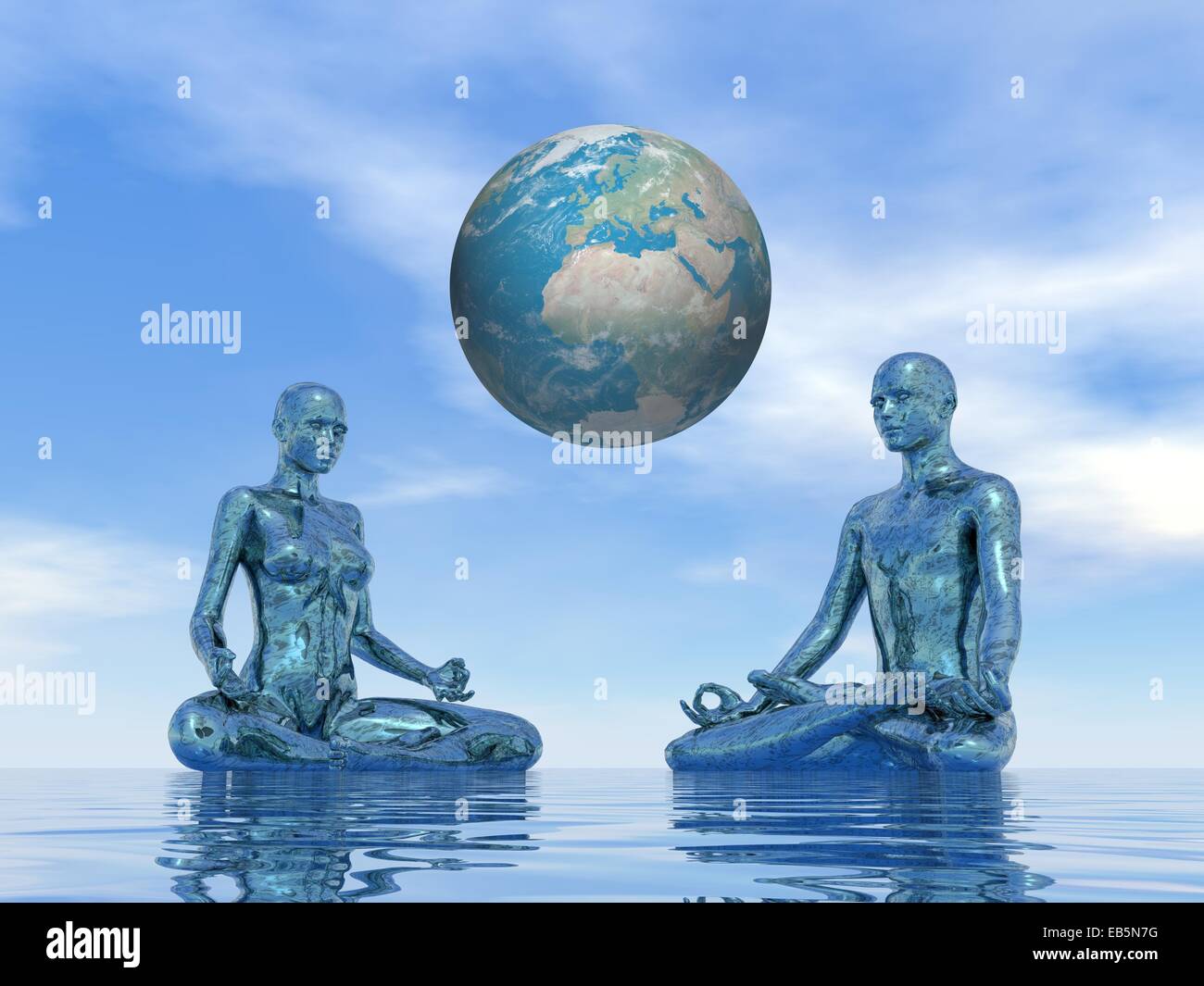 Man plus woman silhouettes meditating upon water under big earth by ...