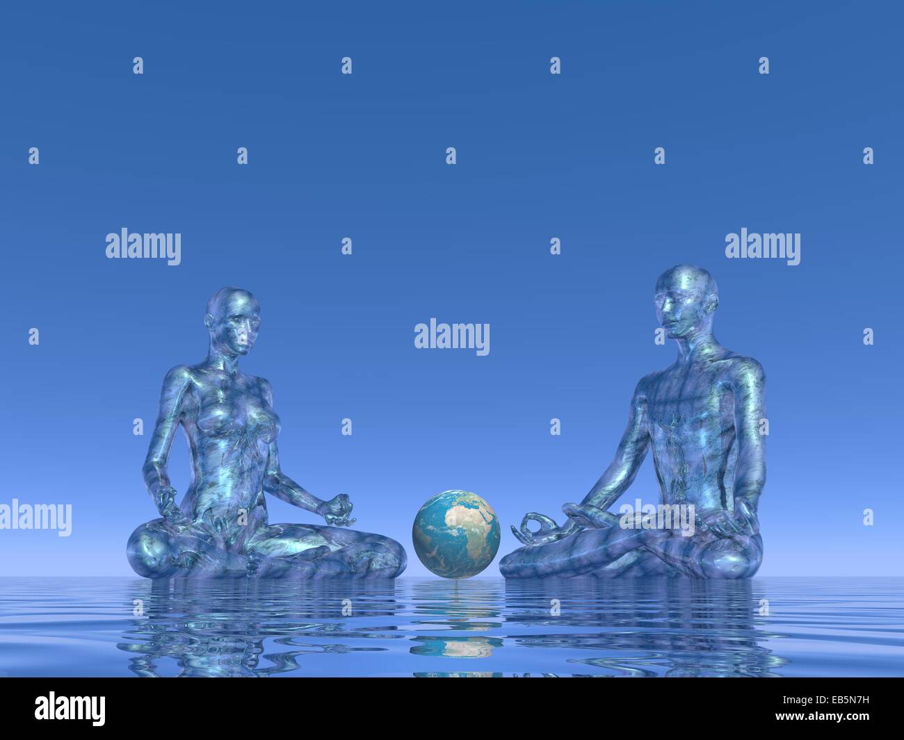 Man plus woman silhouettes meditating upon water in front of small ...