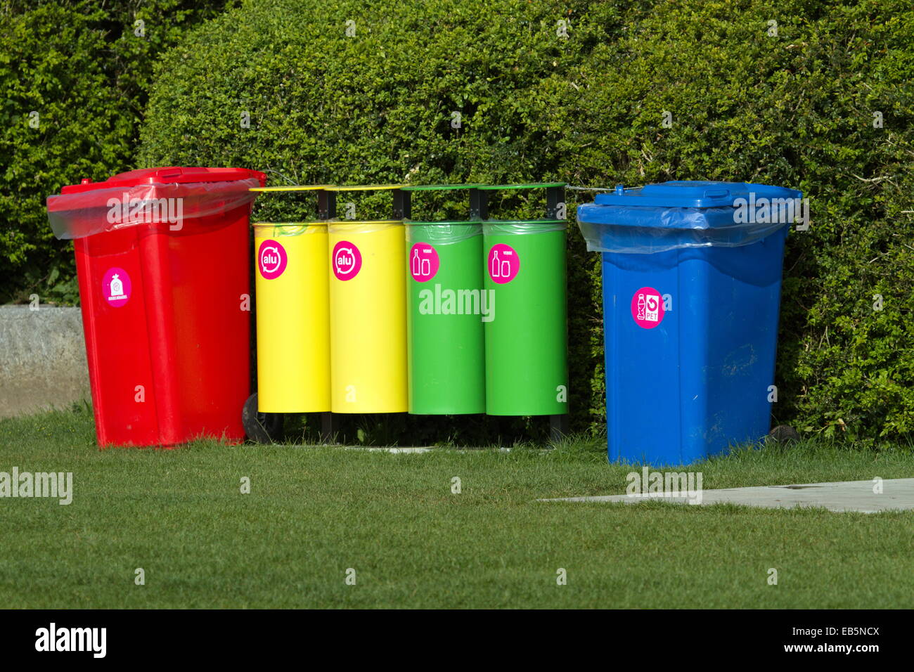 Several colorful recycle bins in the park with green grass Stock Photo ...