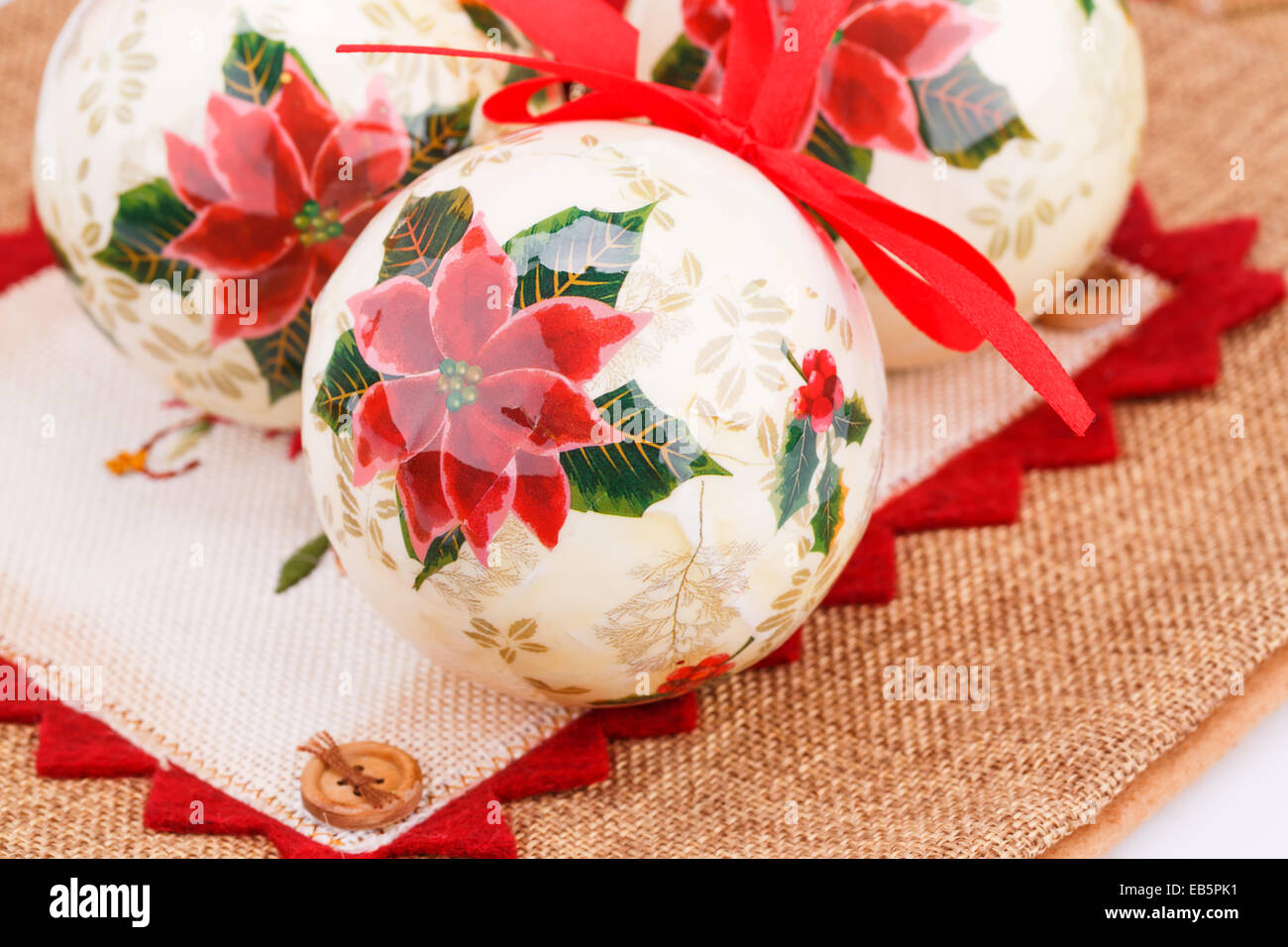 Christmas decorative balls and ribbons on snow Stock Photo - Alamy