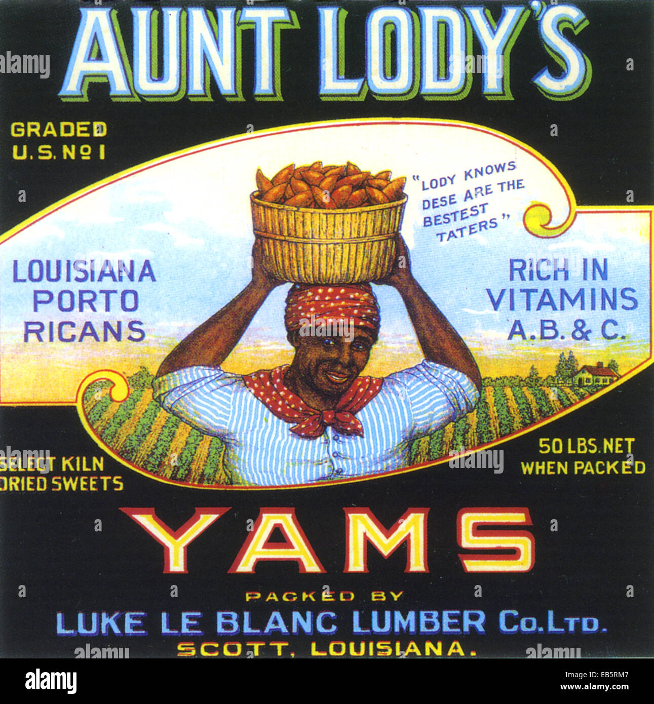 AUNT LODY'S YAMS Box label used by the Luke Le Blanc Lumber Company of ...