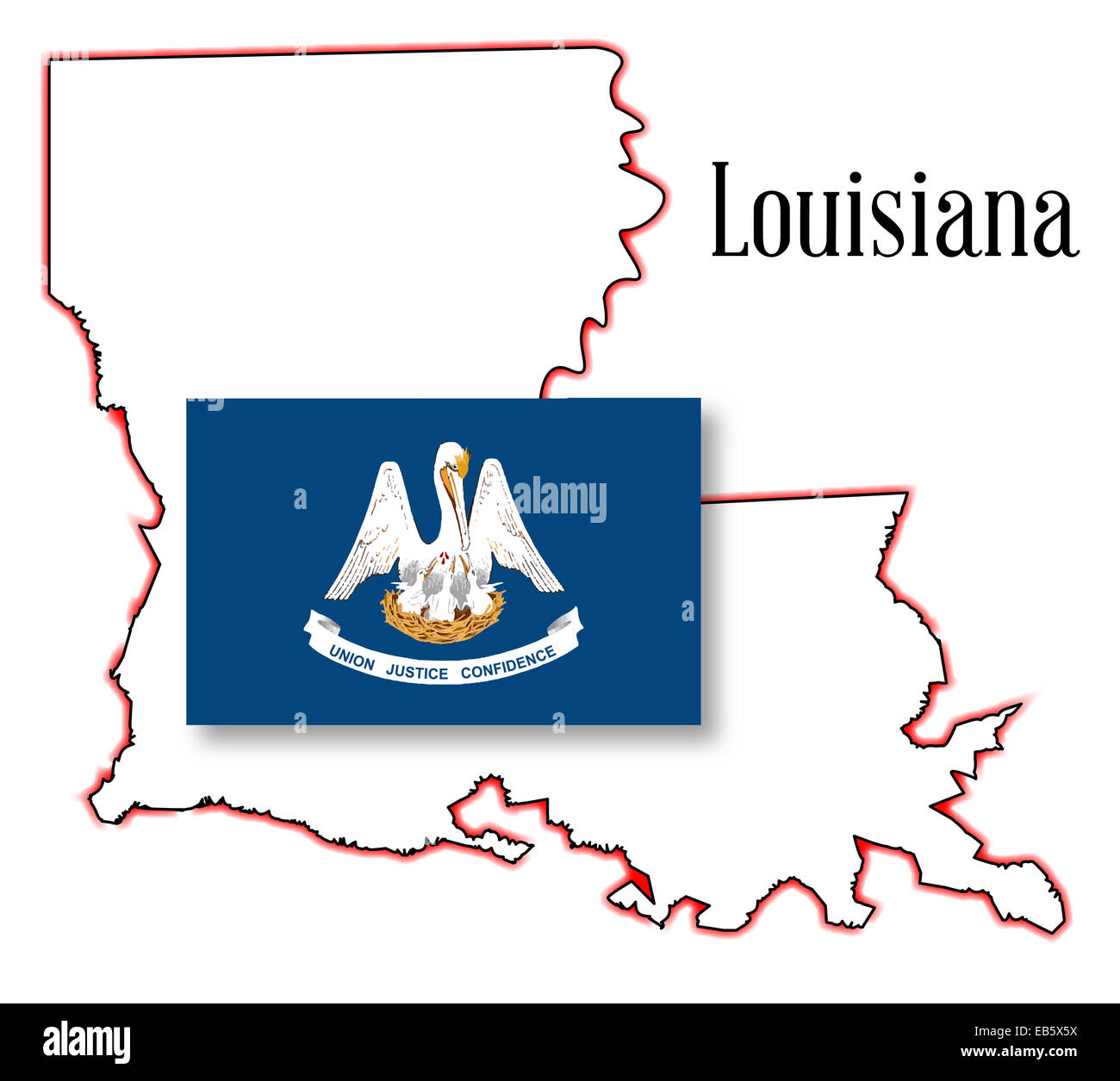 State map outline of Louisiana over a white background with flag inset ...
