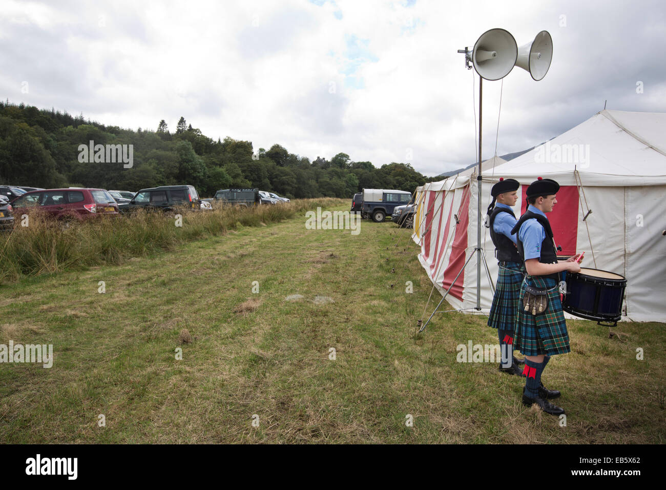 Two members of a traditional Scottish pipe band playing at the Dalmally ...