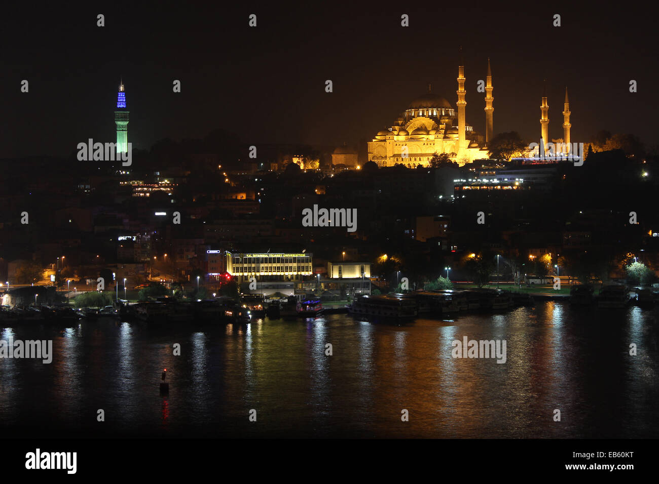Golden Horn, Suleymaniye Mosque, Beyazit Tower (Serasker Tower) night ...