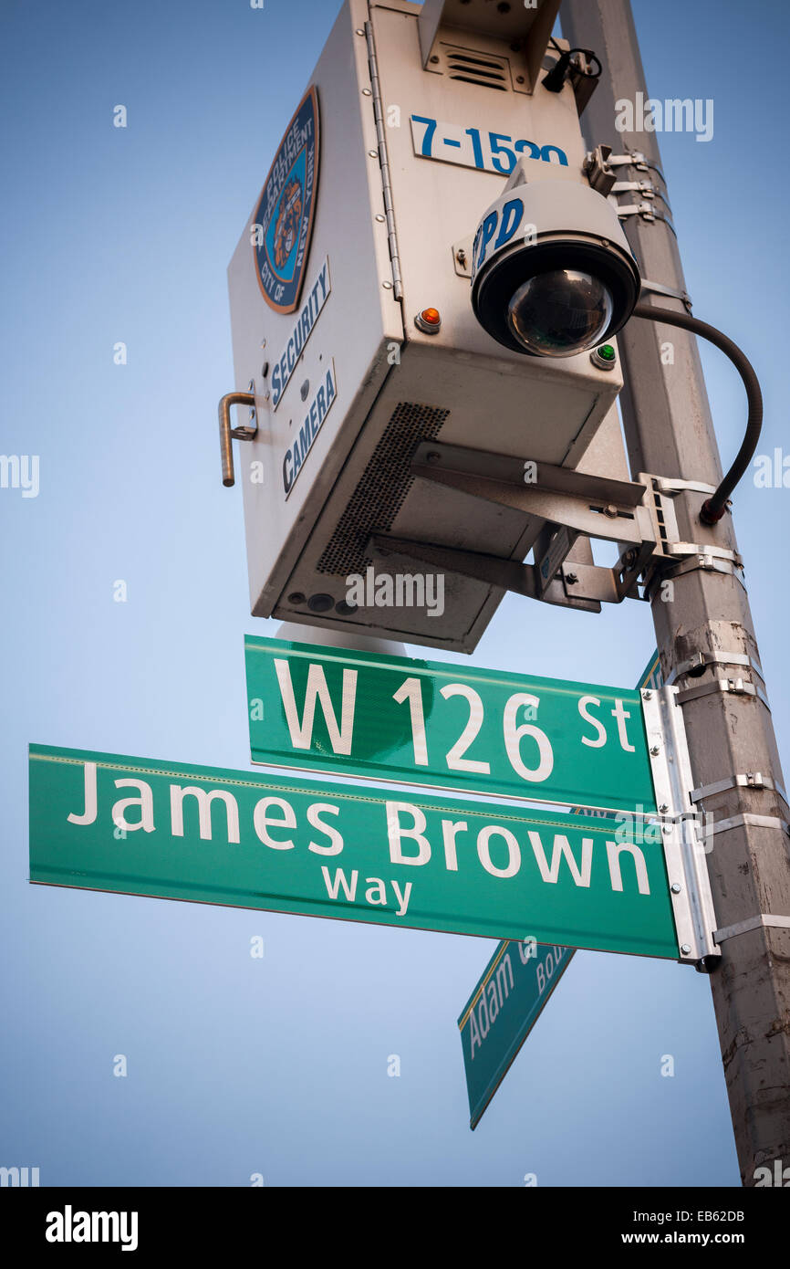 James Brown Way street sign is placed on West 126 St and Adam Clayton ...