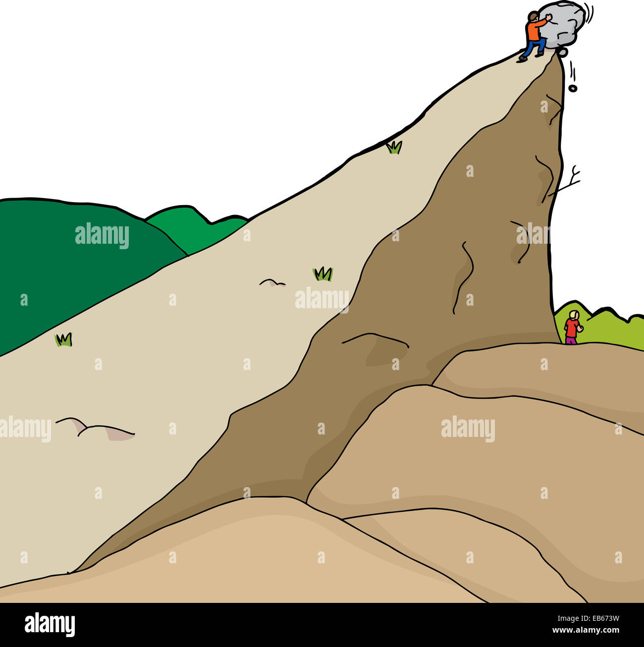 Person pushing boulder from cliff onto unaware man Stock Photo - Alamy