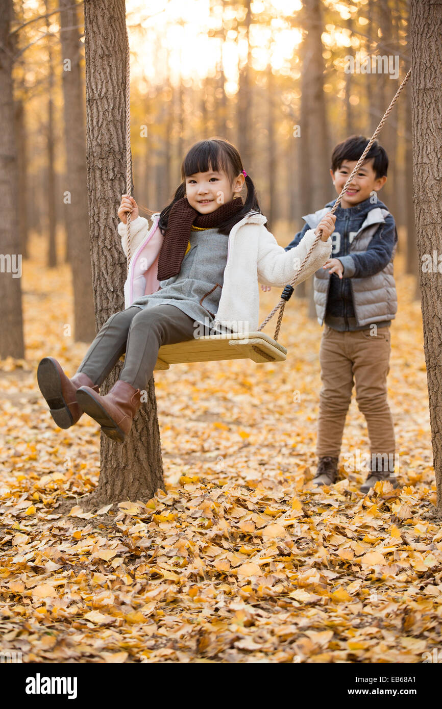 Little boy pushing his sister on a swing in autumn woods Stock Photo ...