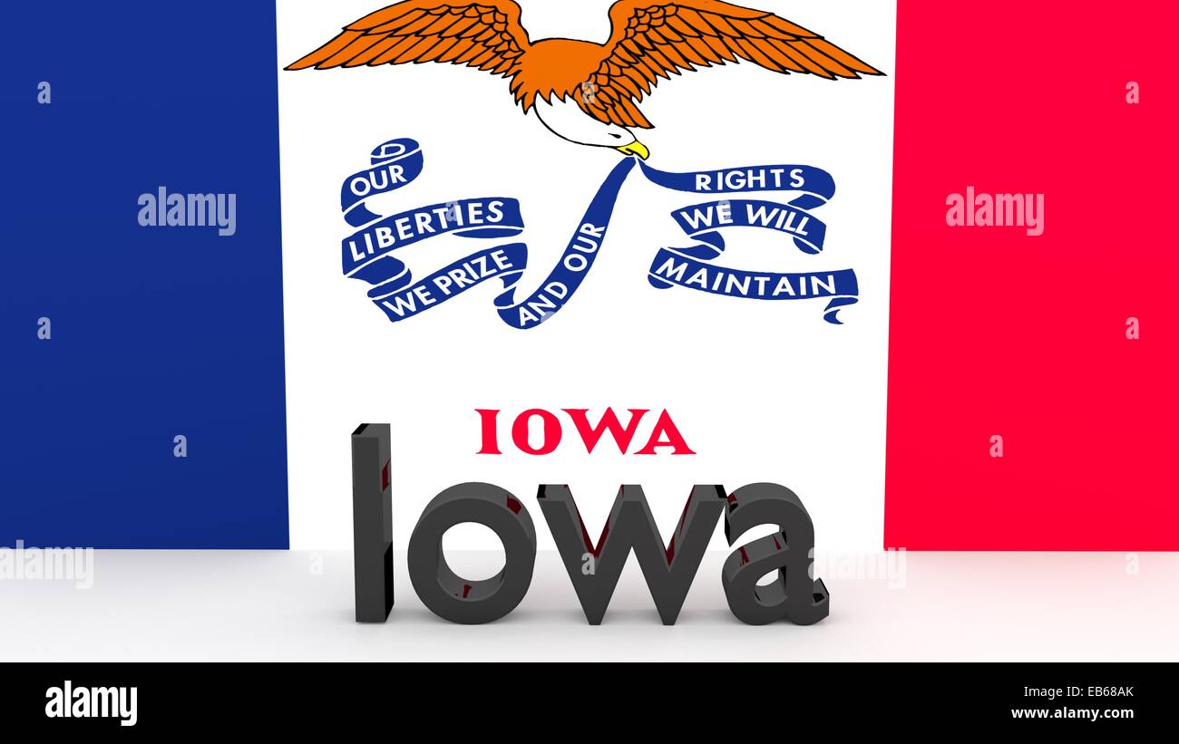 Writing with the name of the US state Iowa made of dark metal in front ...