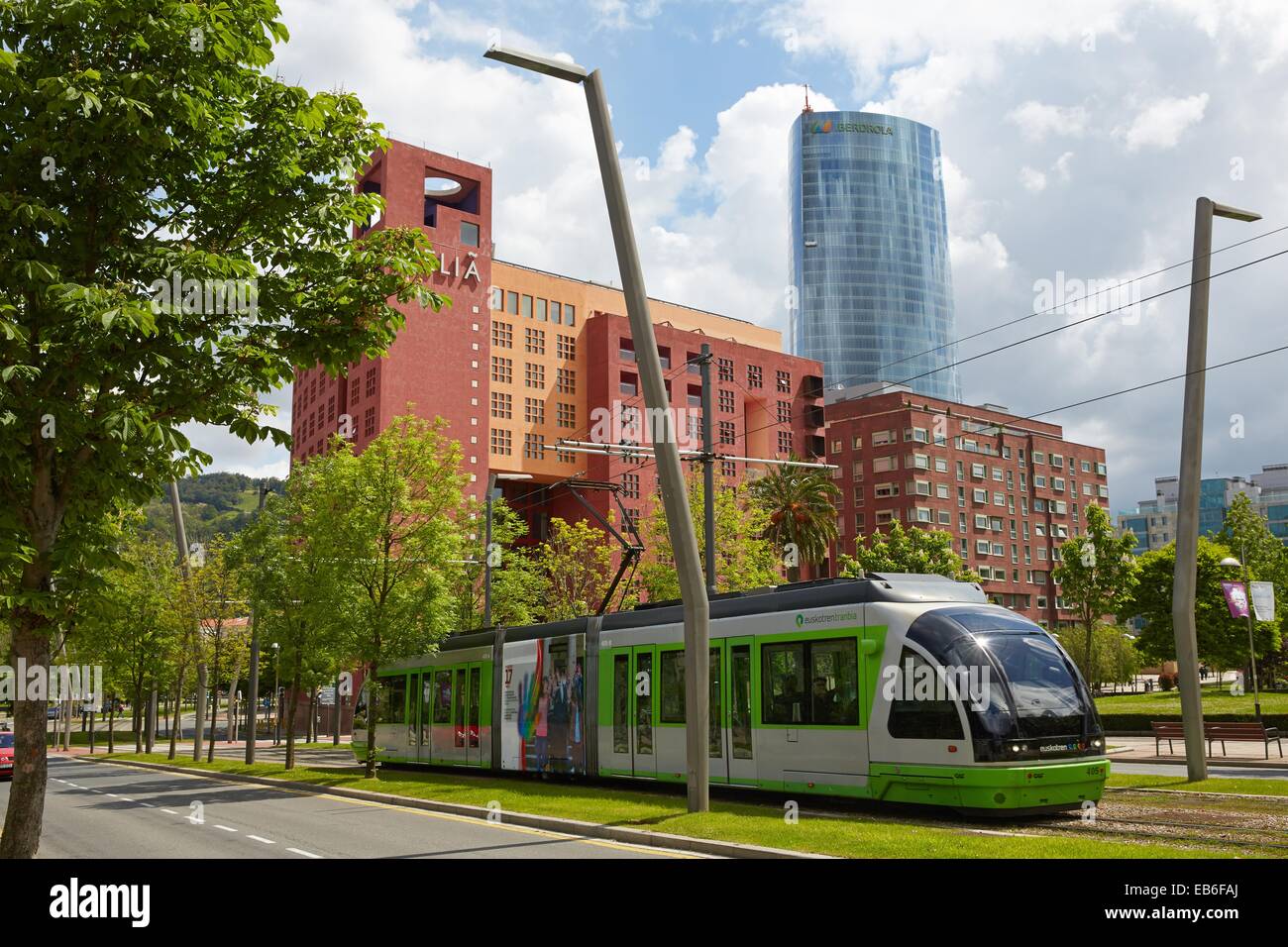 Tram. Hotel Melia, Abandoibarra Hiribidea and Iberdrola Tower in ...