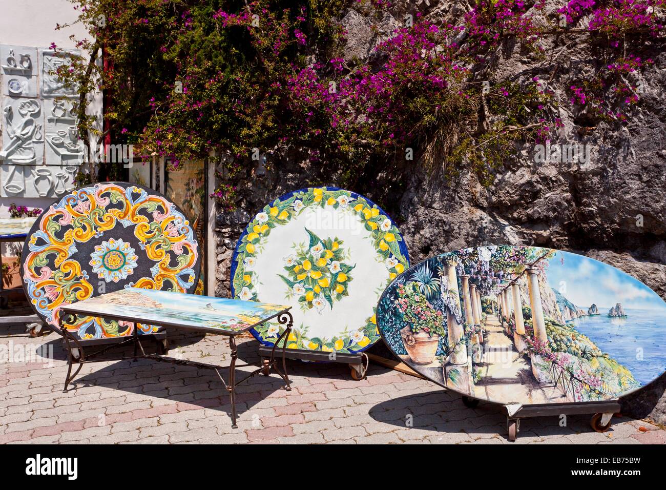 A display of ceramic table tops near Cetera along the Amalfi coast ...