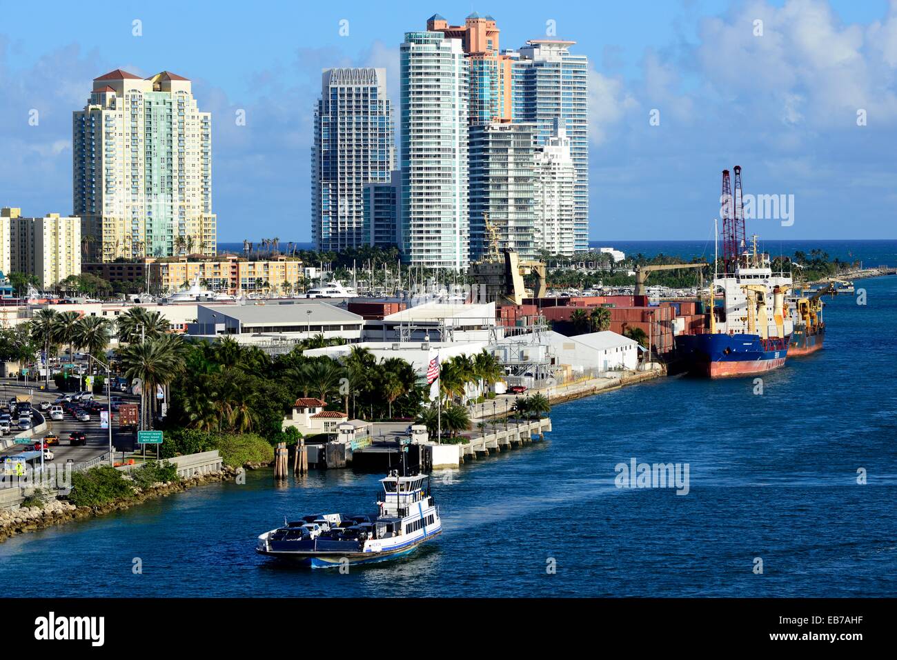 Miami Skyline and Shipping Port from departing cruise ship Florida FL ...