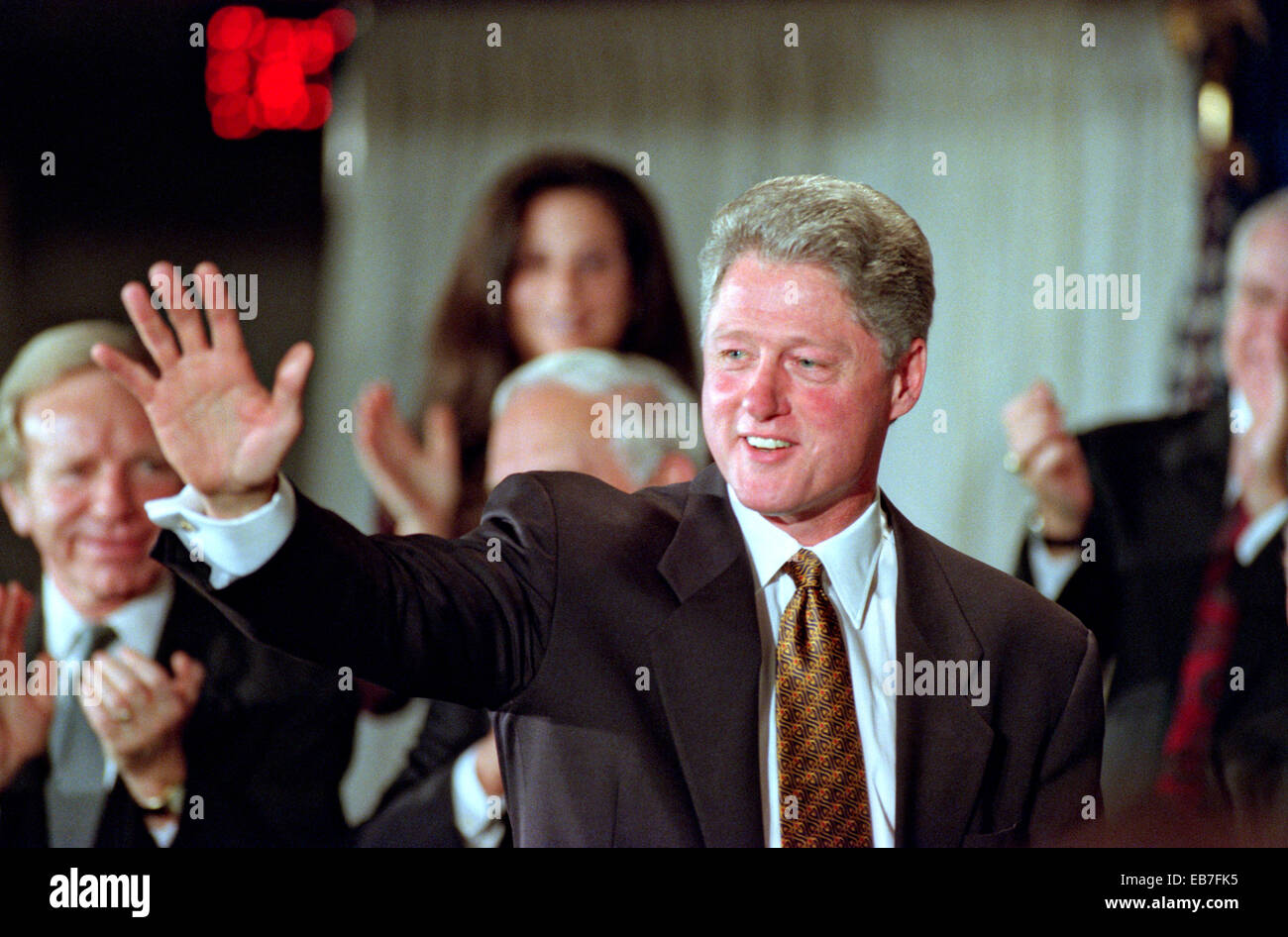 US President Bill Clinton waves after addressing the National Jewish ...