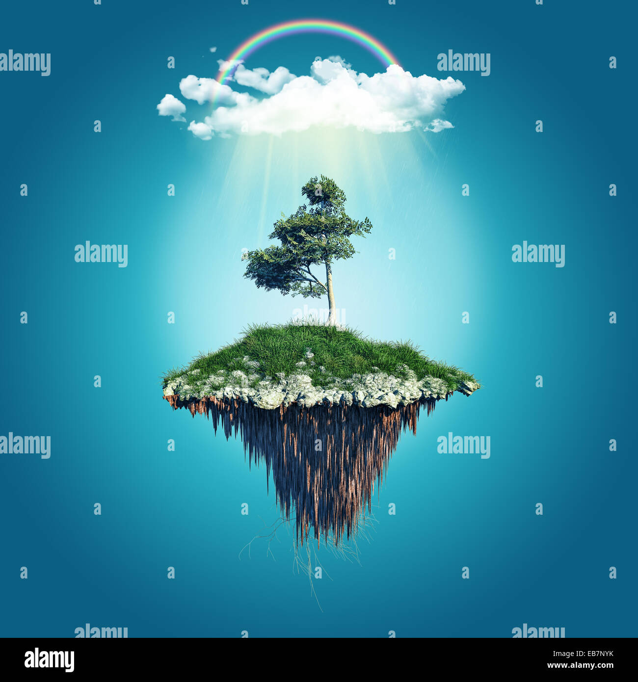 3D render of a floating island with cloud and rainbow Stock Photo - Alamy