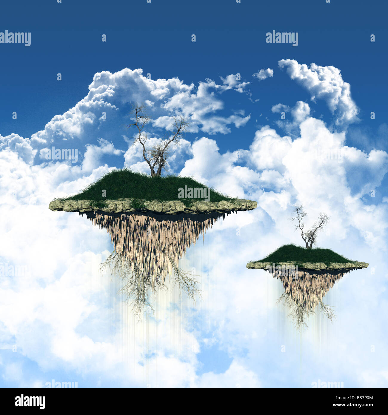 3D render of floating islands in a blue sky with fluffy white clouds ...