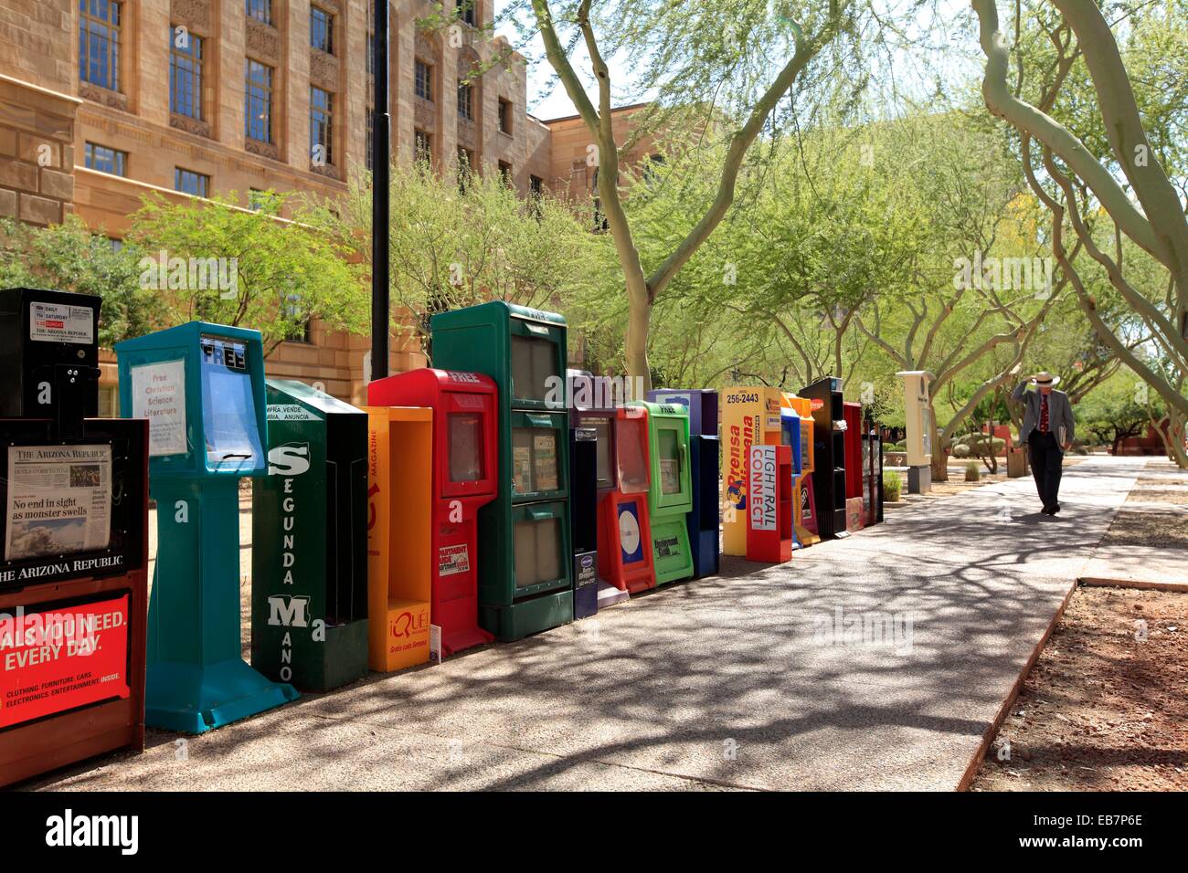 Newspaper boxes lined up on a sidewalk Downtown Phoenix Arizona USA ...