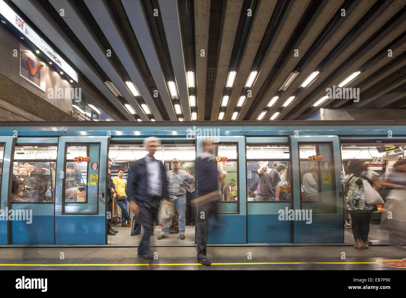 Santiago de Chile commuters leaving and entering Metro train in subway ...