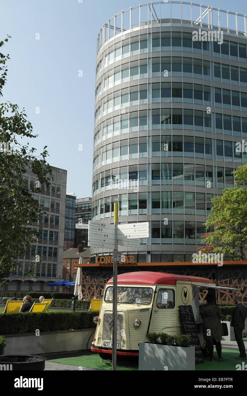 Blue sky portrait, towards 3 Hardman Square office block, Citroen H Van ...