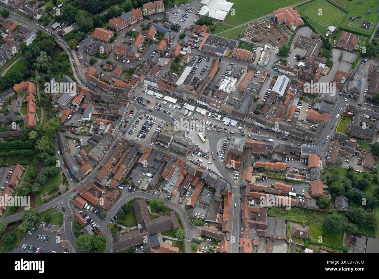 An aerial view of the centre of Thirsk, a town in North Yorkshire Stock ...