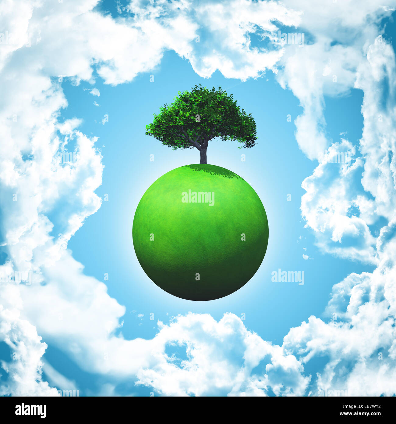 3D render of a grassy globe with tree surrounded by clouds Stock Photo ...