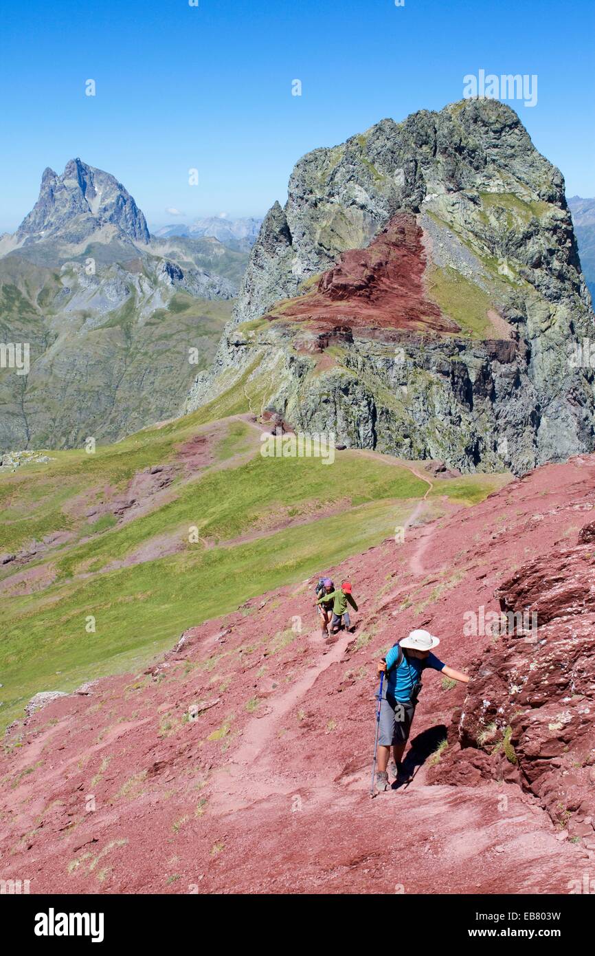 Hikers walking to summit Anayet an old volcano in Tena valley and view ...