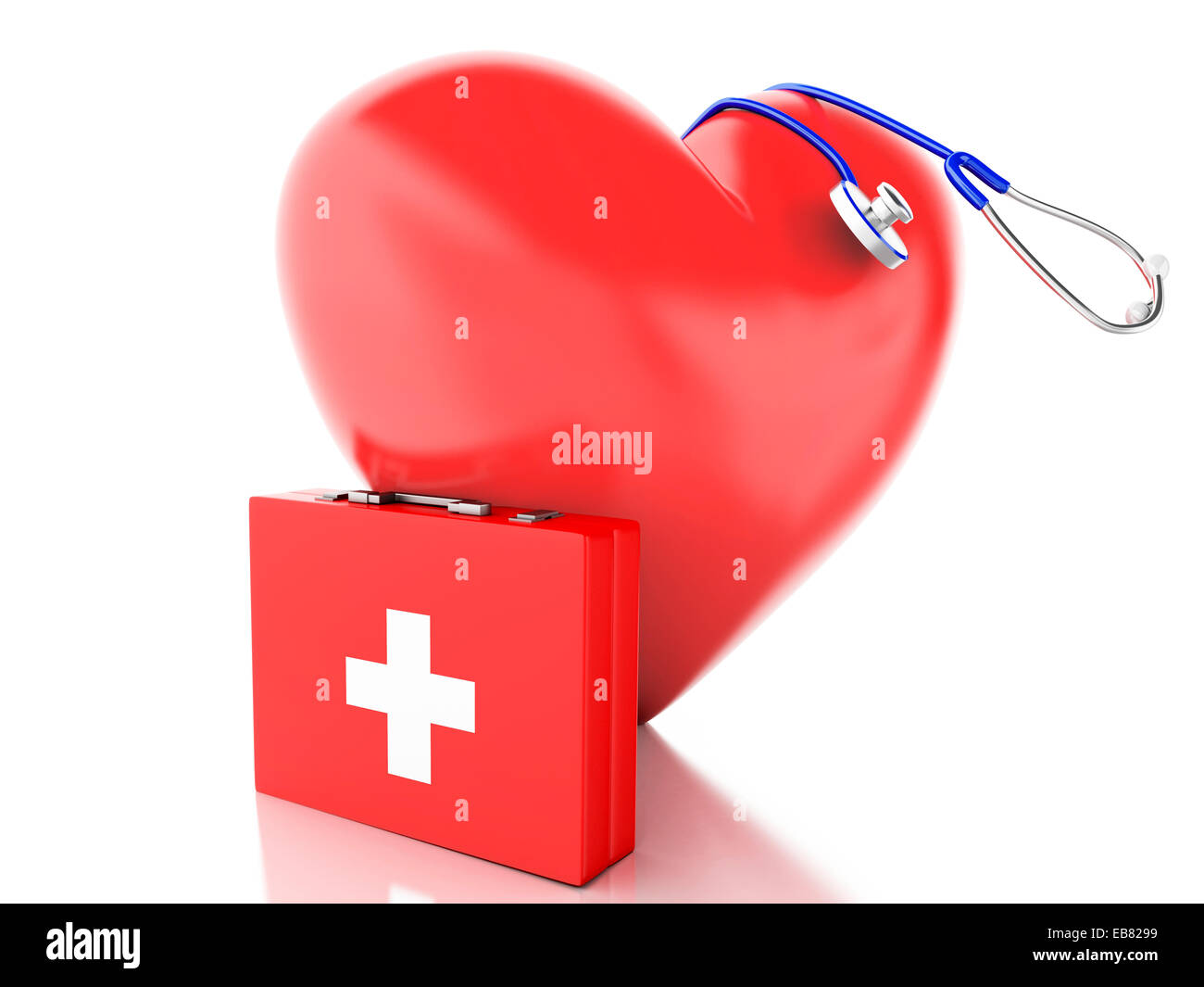 3d renderer illustration. red heart, first aid kit and stethoscope ...