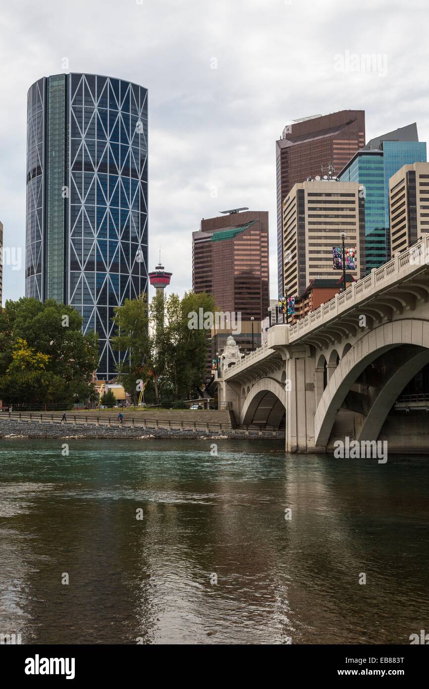 Skyline of Calgary with Bow Tower and Centre Street Bridge in Alberta ...