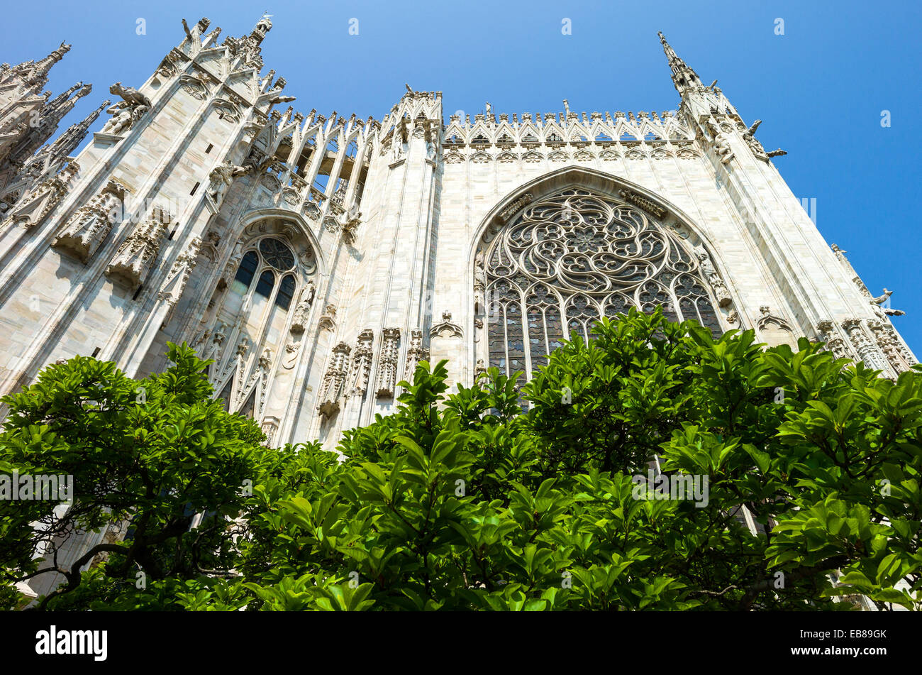 Italy, Milan, exterior view of the stained glass window of the Duomo ...