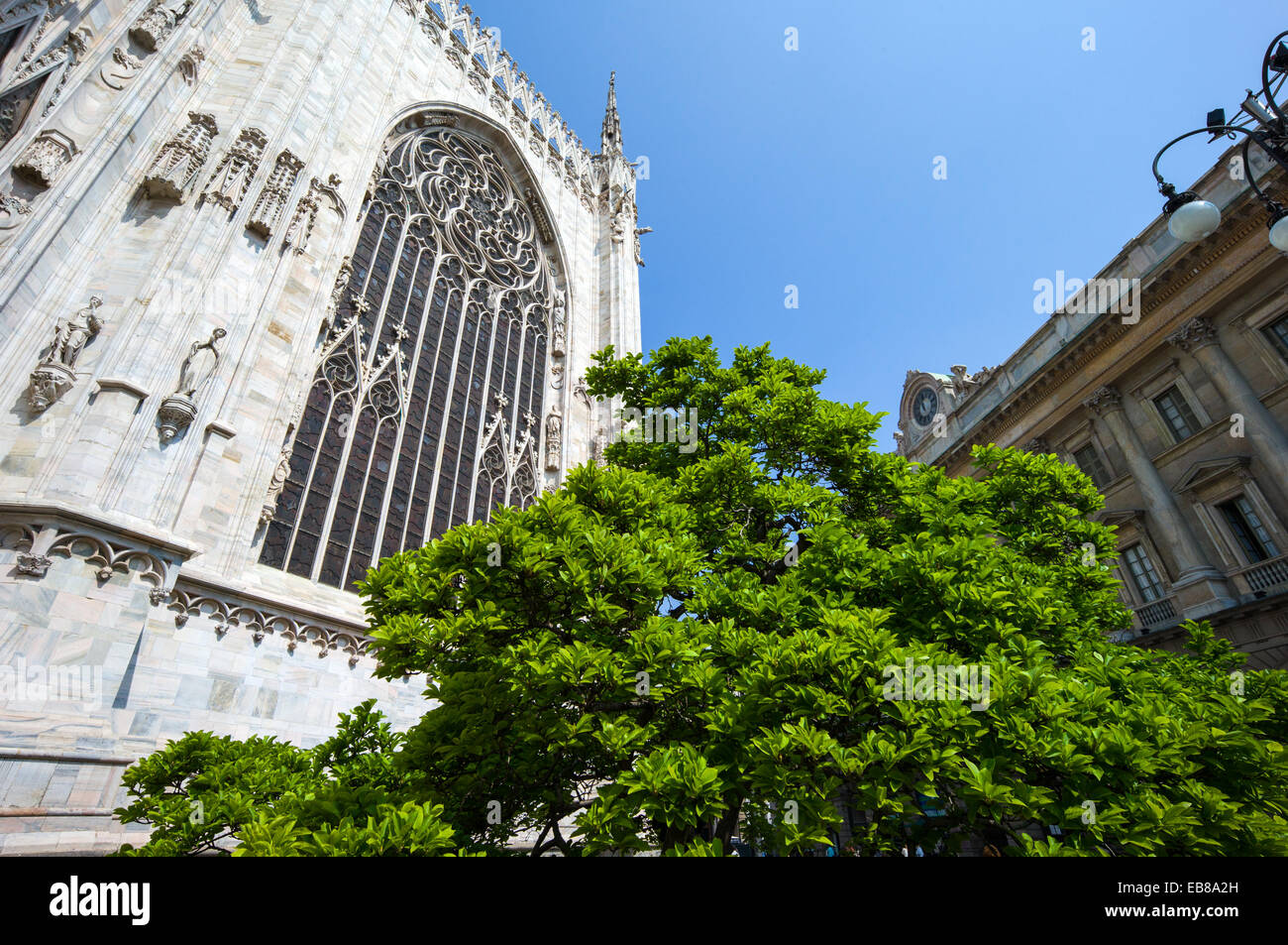 Italy, Milan, exterior view of the stained glass window of the Duomo ...