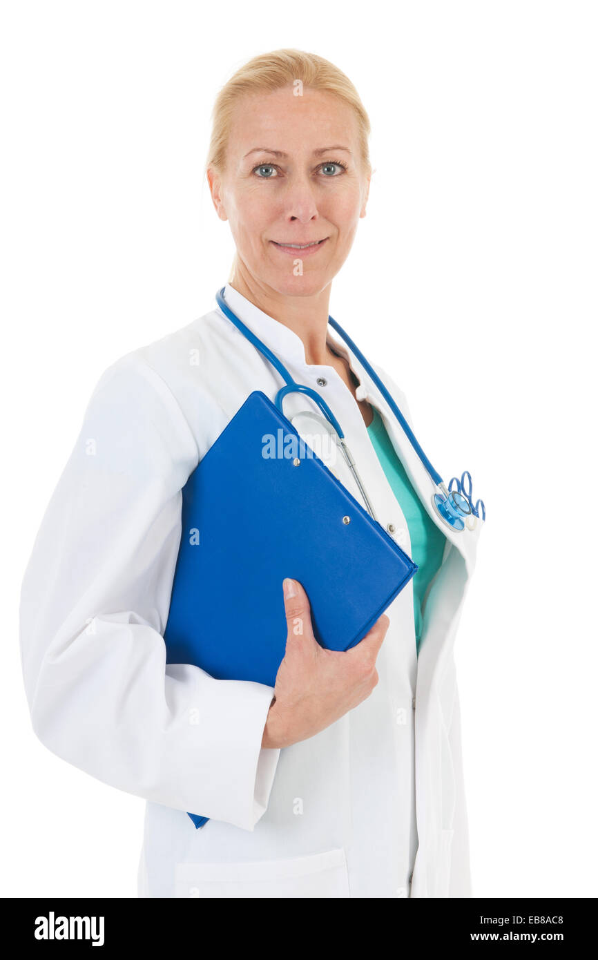 Physician with blue clipboard isolated over white background Stock ...